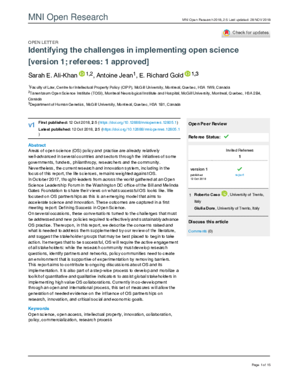 (PDF) Identifying the challenges in implementing open science