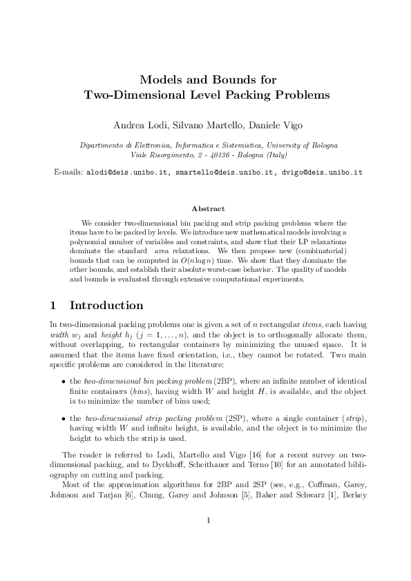 (PDF) Models and bounds for two-dimensional level packing problems