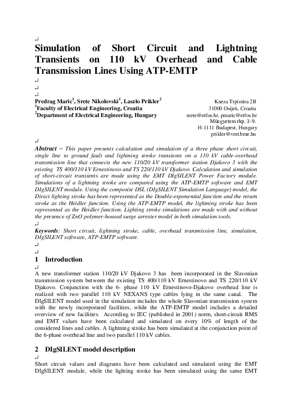 (PDF) Simulation of Short Circuit and Lightning Transients on 110 kV Overhead and Cable ...
