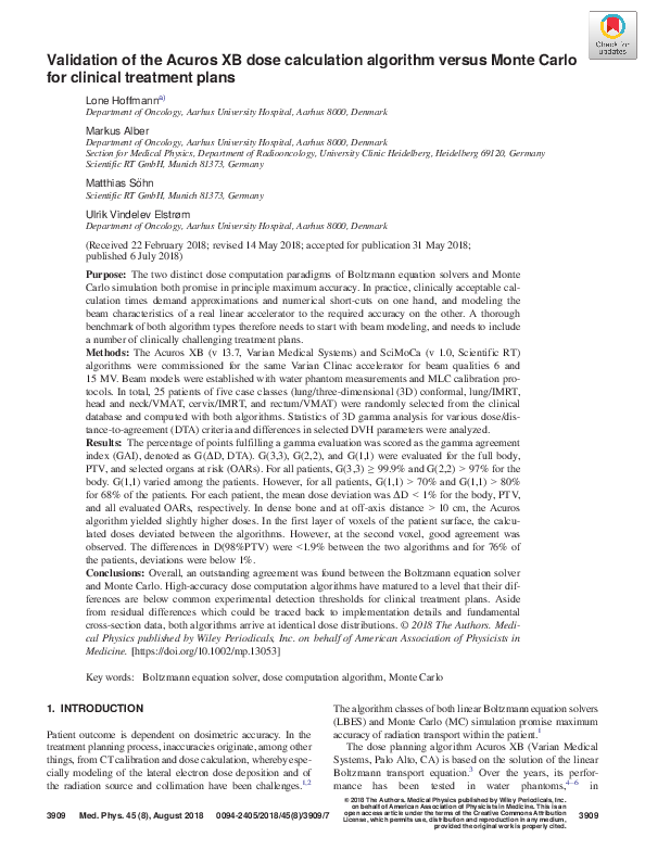 Pdf Validation Of The Acuros Xb Dose Calculation Algorithm Versus