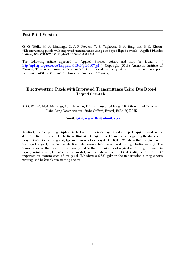 (PDF) Electrowetting pixels with improved transmittance using dye doped liquid crystals