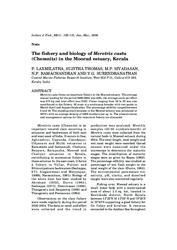 (PDF) The fishery and biology of Meretrix casta (Chemnitz) in the ...