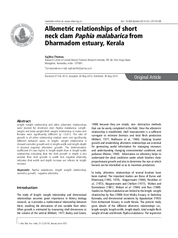 (PDF) Allometric relationships of short neck clam Paphia malabarica ...
