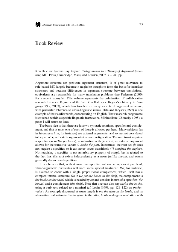 (PDF) Ken Hale and Samuel Jay Keyser, Prolegomenon to a Theory of ...
