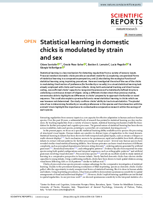 Pdf Statistical Learning In Domestic Chicks Is Modulated By Strain 4643