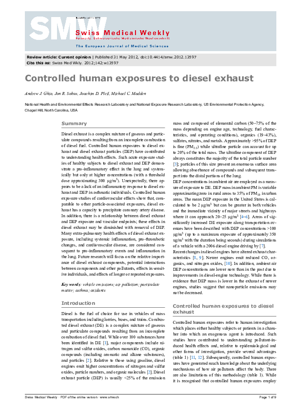 (PDF) Controlled human exposures to diesel exhaust