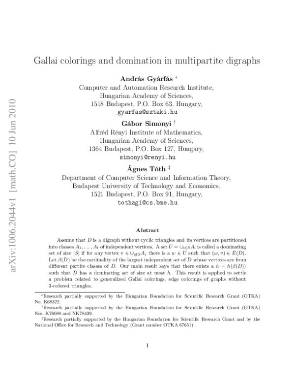 (PDF) Gallai colorings and domination in multipartite digraphs | Gábor ...