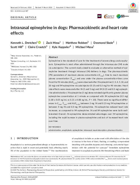 (PDF) Intranasal epinephrine in dogs: Pharmacokinetic and heart rate ...