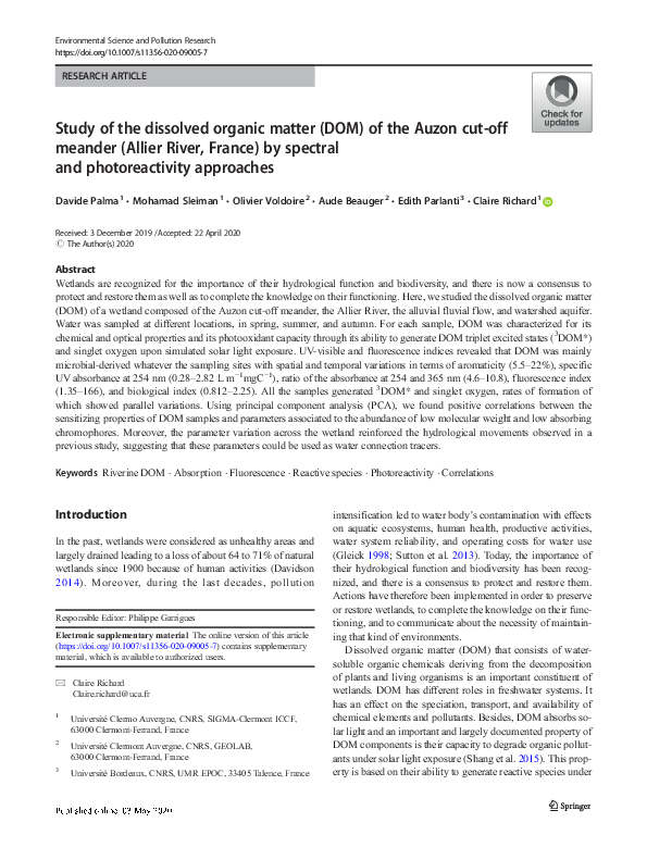 (PDF) Study of the dissolved organic matter (DOM) of the Auzon cut-off meander (Allier River ...