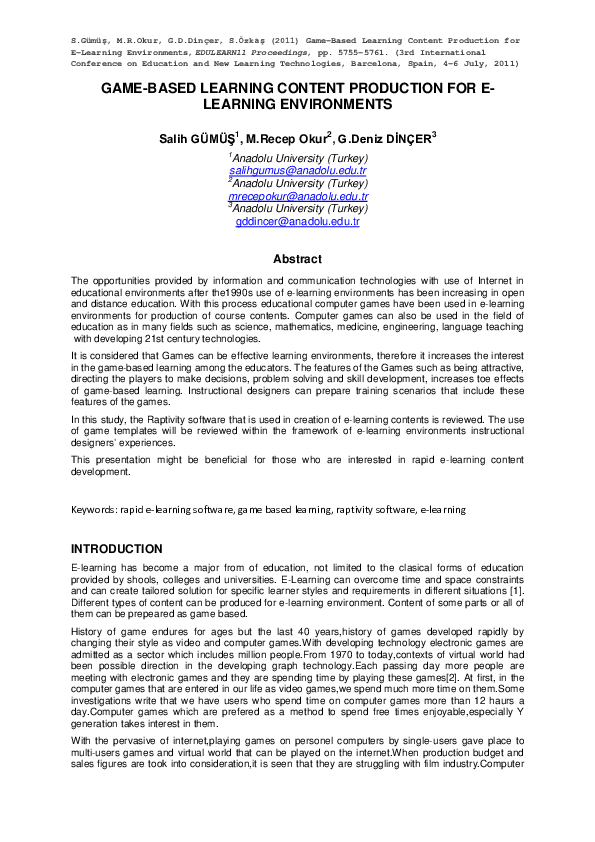 (PDF) Game-Based Learning Content Production For E-Learning Environments