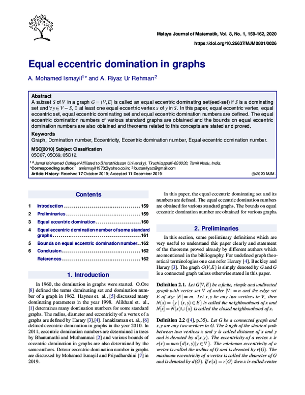 (PDF) Equal eccentric domination in graphs | mohamed ismayil - Academia.edu