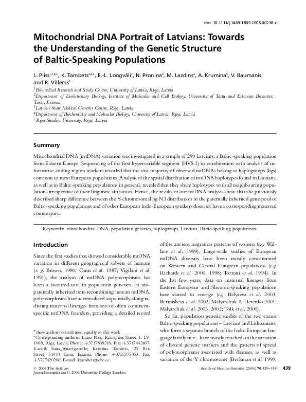 (PDF) Mitochondrial DNA Portrait of Latvians: Towards the Understanding ...