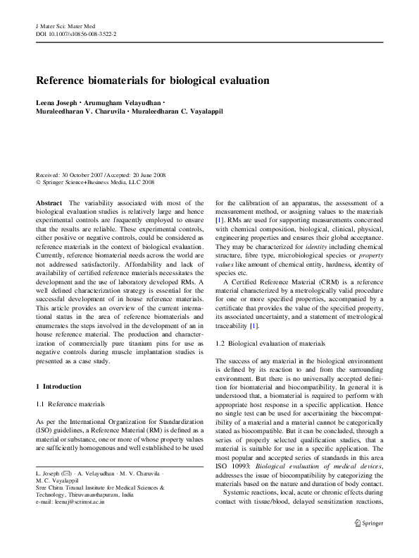 (PDF) Reference biomaterials for biological evaluation