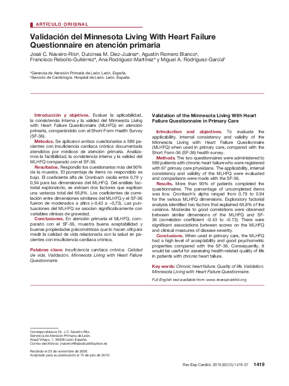 (PDF) Validación del Minnesota Living With Heart Failure Questionnaire ...