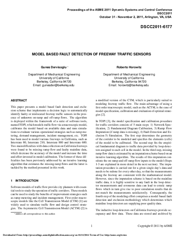 (PDF) Model Based Fault Detection of Freeway Traffic Sensors