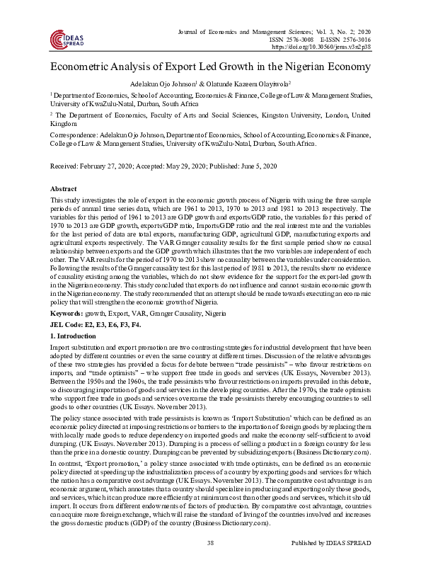 Pdf Econometric Analysis Of Export Led Growth In The Nigerian Economy