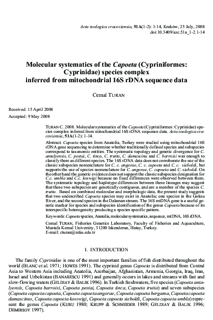 (PDF) Molecular Systematics of Capoeta (Cyprinidae) Species Complex Inferred from Mitochondrial ...