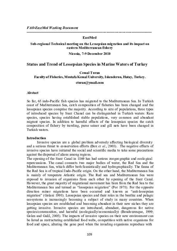 (PDF) Status and Trend of Lessepsian Species in Marine Waters of Turkey