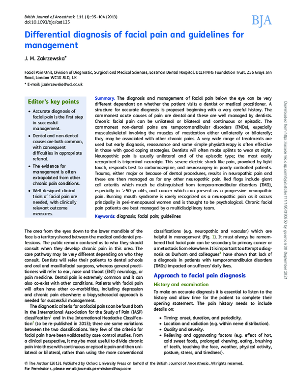 (PDF) Differential diagnosis of facial pain and guidelines for management