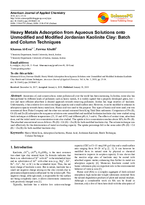 (PDF) Heavy Metals Adsorption from Aqueous Solutions onto Unmodified and Modified Jordanian ...