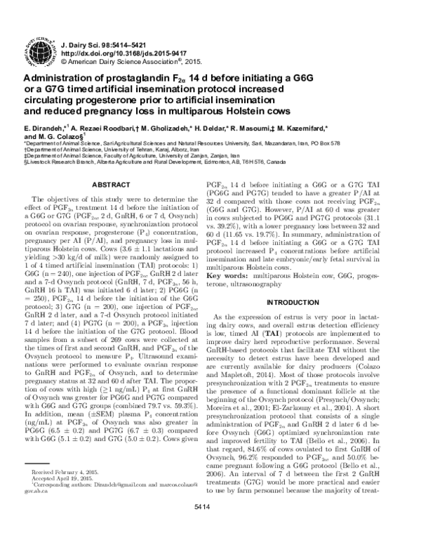 (PDF) Administration of prostaglandin F2α 14 d before initiating a G6G or a G7G timed artificial ...