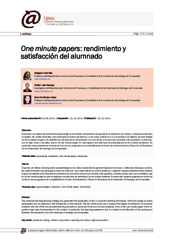 (PDF) One minute papers: student performance and satisfaction