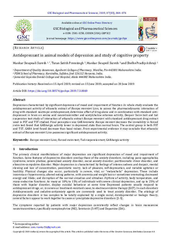 (PDF) Antidepressant in animal models of depression and study of ...
