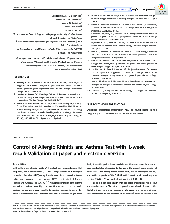 (PDF) Control of Allergic Rhinitis and Asthma Test with 1-week recall ...