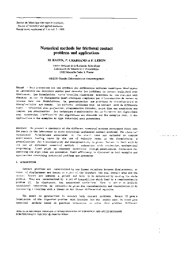 (PDF) Numerical Methods for the Frictional Contact Problem