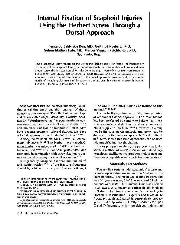 (PDF) Internal fixation of scaphoid injuries using the herbert screw ...