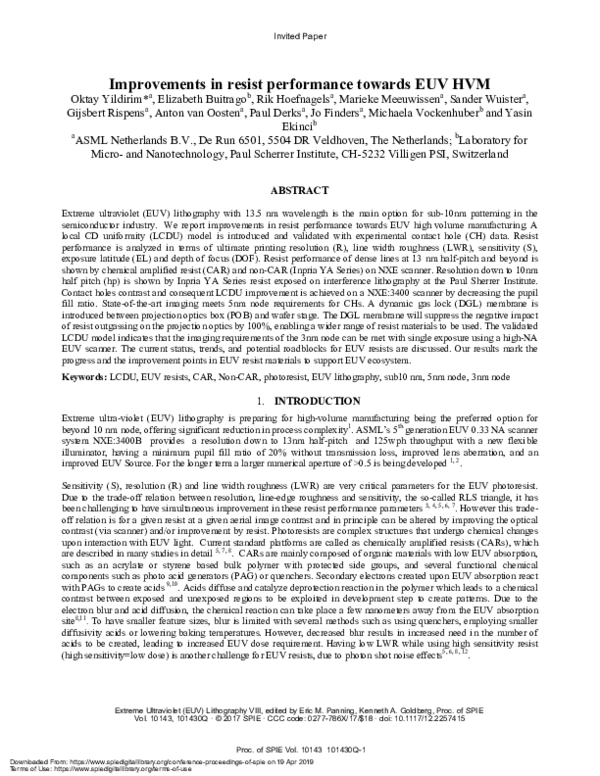 (PDF) Improvements in resist performance towards EUV HVM