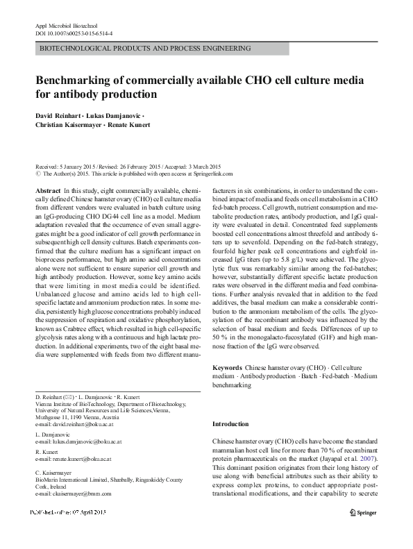 (PDF) Benchmarking of commercially available CHO cell culture media for ...