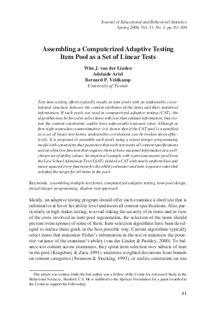 Pdf Assembling A Computerized Adaptive Testing Item Pool As A Set Of Linear Tests Bernard