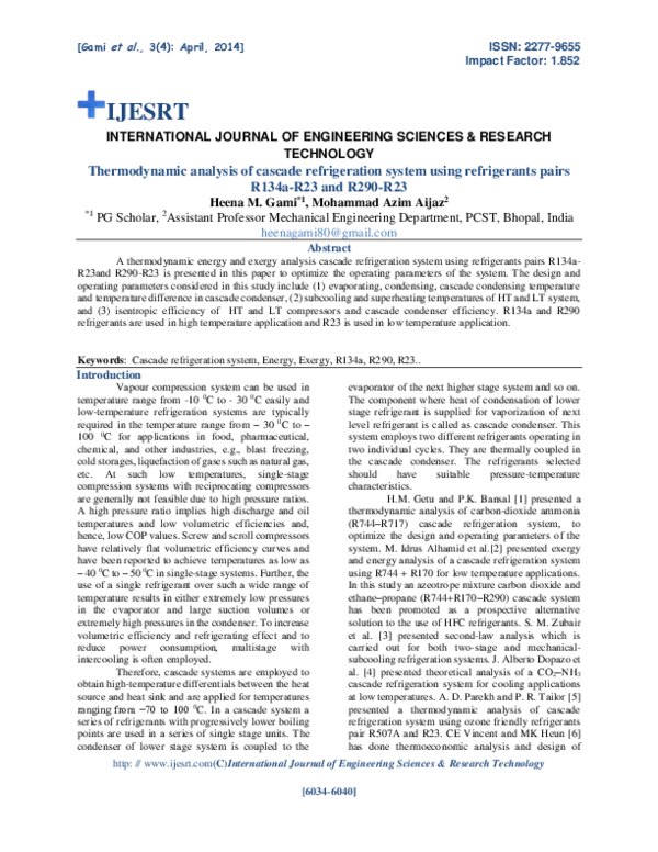 (PDF) Thermodynamic analysis of cascade refrigeration system using ...