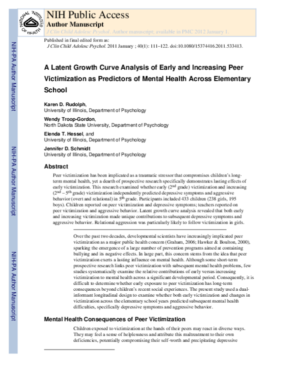 (PDF) A Latent Growth Curve Analysis of Early and Increasing Peer Victimization as Predictors of ...