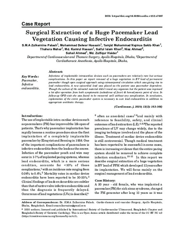 (PDF) Surgical Extraction of a Huge Pacemaker Lead Vegetation Causing ...