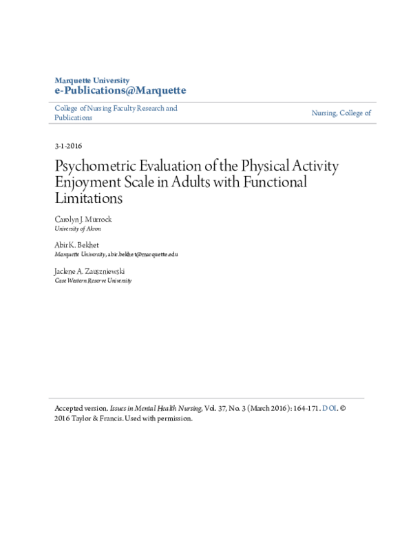 (PDF) Psychometric Evaluation of the Physical Activity Enjoyment Scale in Adults with Functional ...
