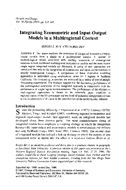 Pdf Integrating Econometric And Input Output Models In A Multiregional Context