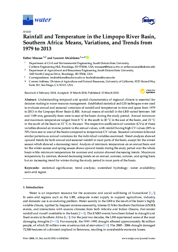 (PDF) Rainfall and Temperature in the Limpopo River Basin, Southern ...