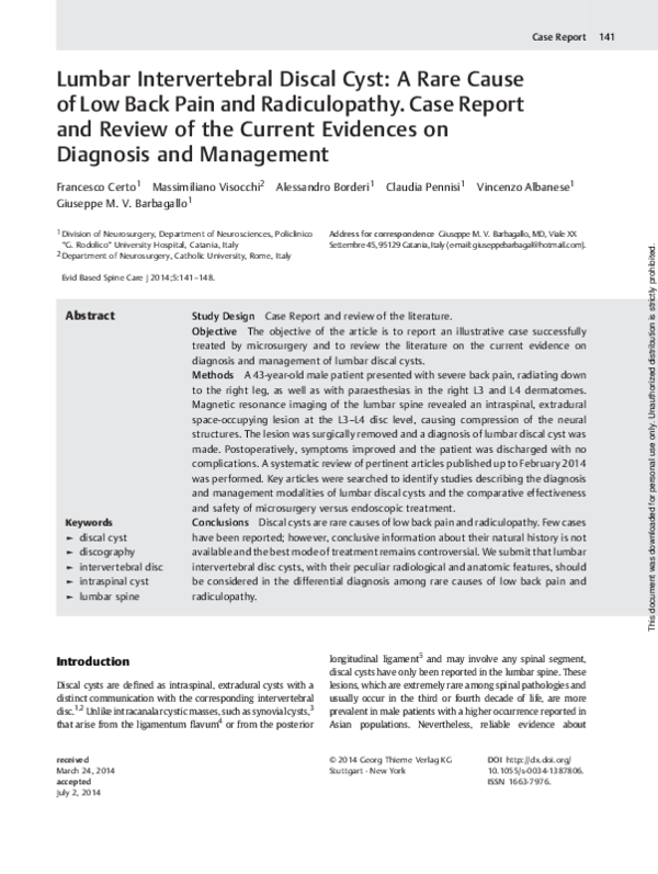 (PDF) Lumbar intervertebral discal cyst: a rare cause of low back pain ...