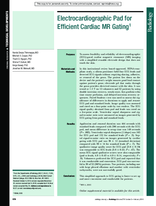 (PDF) Electrocardiographic Pad for Efficient Cardiac MR Gating