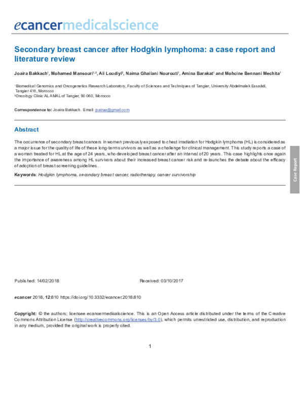 (PDF) Secondary breast cancer after Hodgkin lymphoma: a case report and ...
