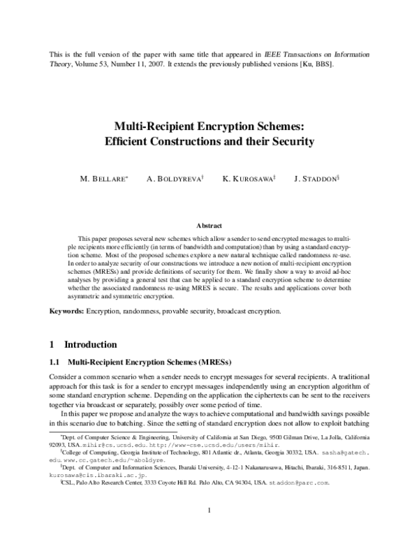 (PDF) Multi-recipient encryption schemes: Efficient constructions and their security