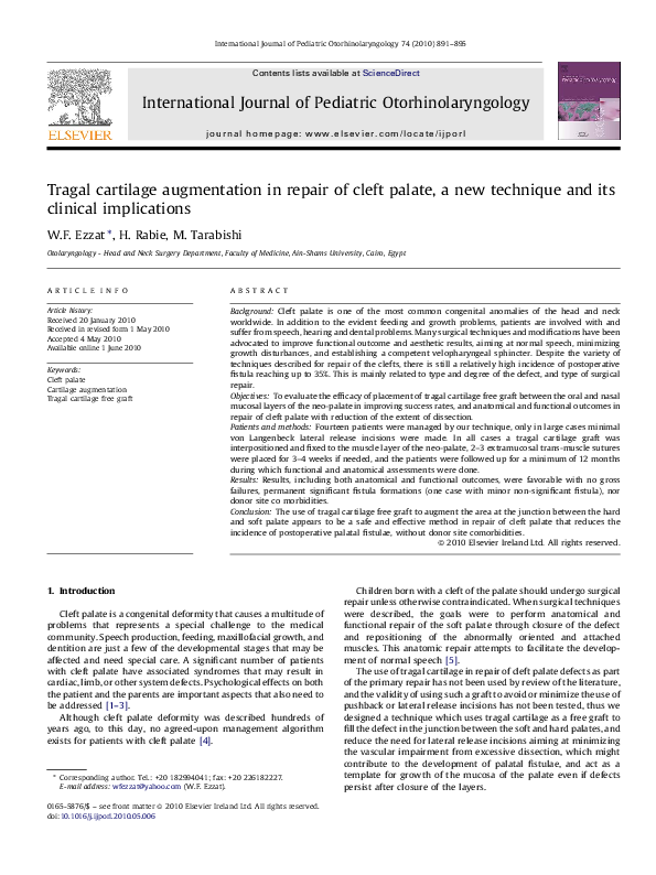 (PDF) Tragal cartilage augmentation in repair of cleft palate, a new ...