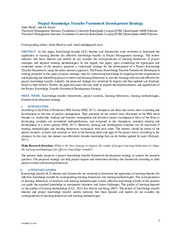 (DOC) Project Knowledge Transfer Framework Development Strategy