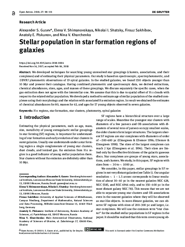 (PDF) Stellar population in star formation regions of galaxies