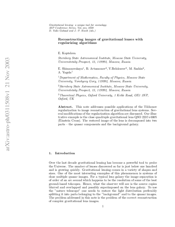 (PDF) Reconstructing images of gravitational lenses with regularizing algorithms
