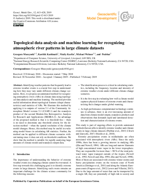 (PDF) Topological data analysis and machine learning for recognizing atmospheric river patterns ...