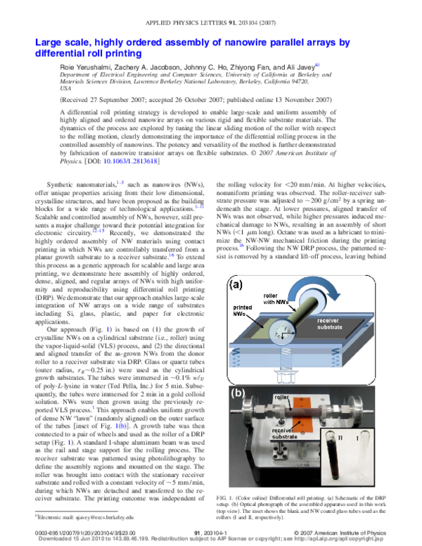 (PDF) Large scale, highly ordered assembly of nanowire parallel arrays by differential roll printing