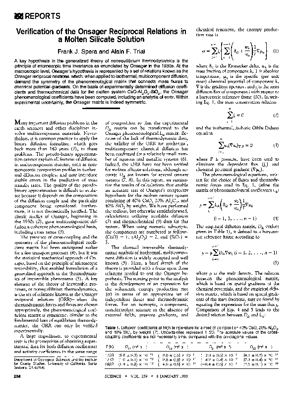 (PDF) Verification of the Onsager Reciprocal Relations in a Molten Silicate Solution